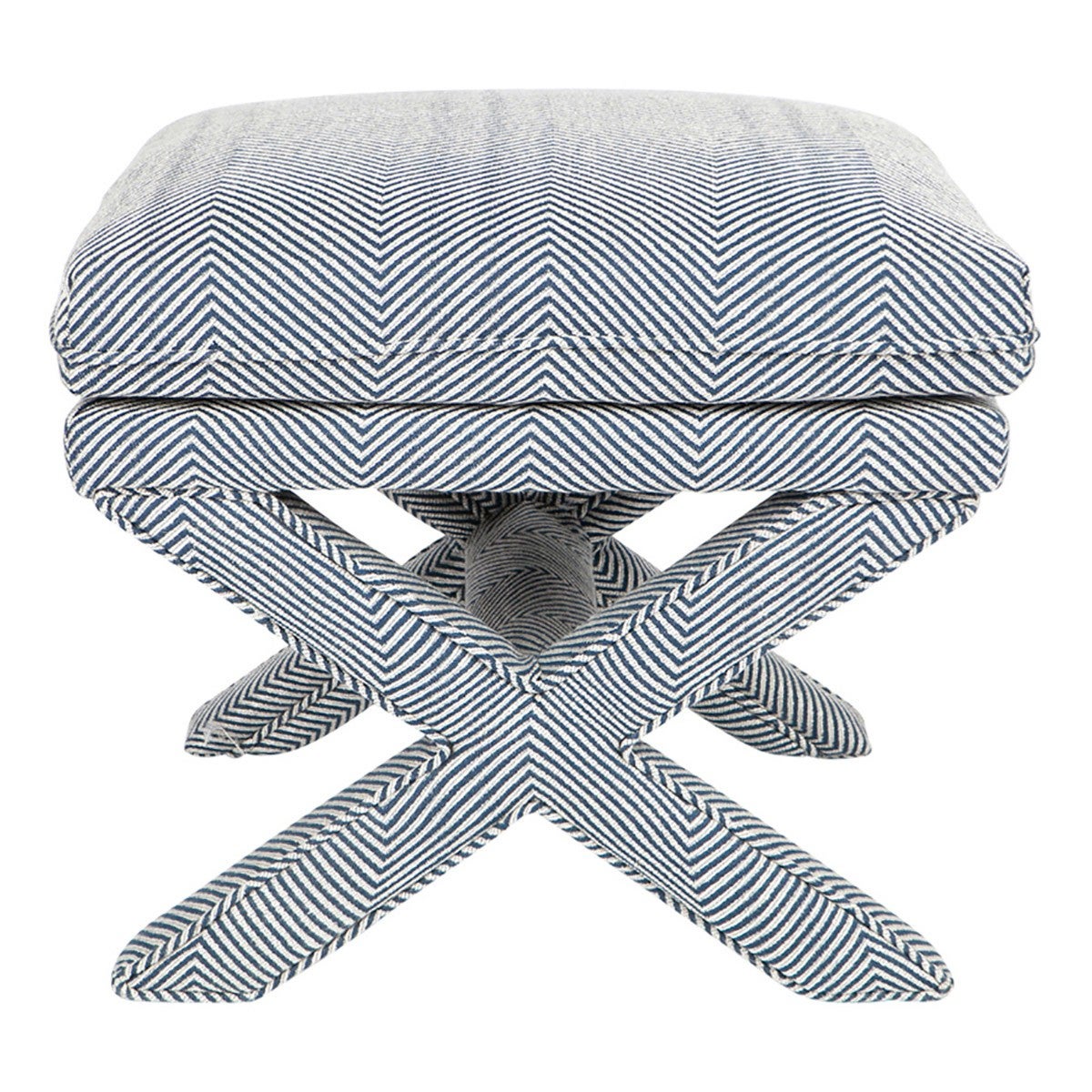 Candace Chevron Fabric Cross Leg Ottoman Stool Blue