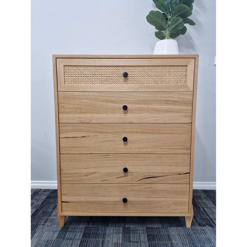 Morvyn Messmate Timber & Rattan 5 Drawer Tallboy
