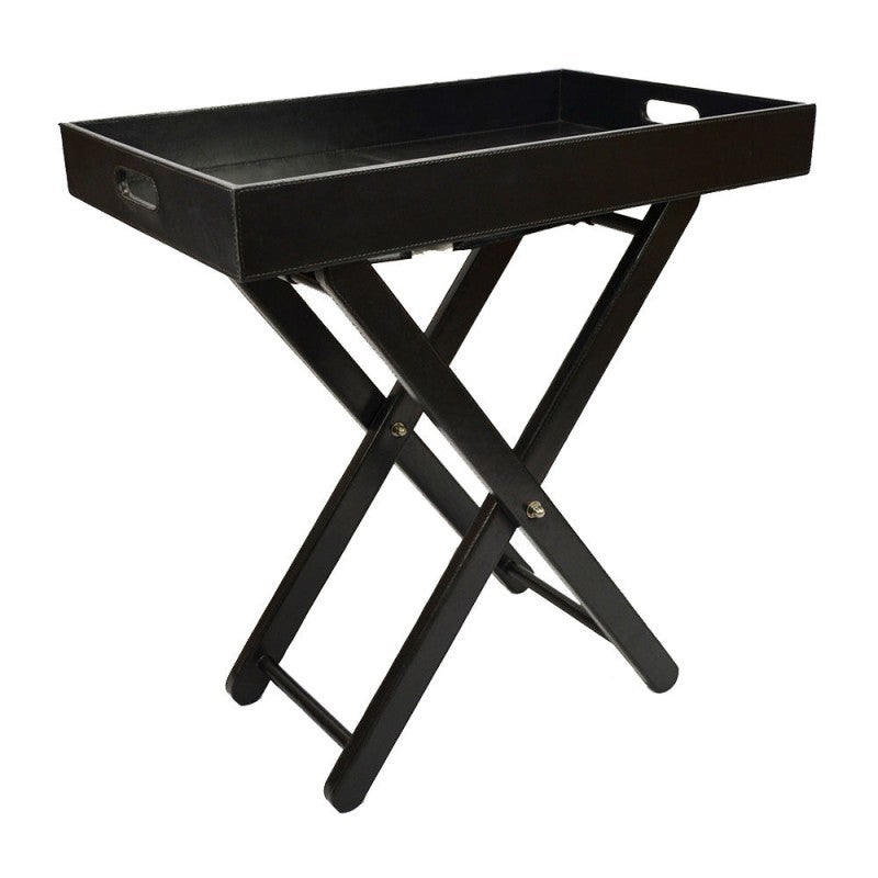 Portel Leather & Timber Foldable Butlers Tray Table, Black