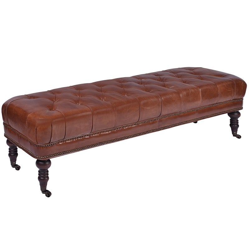 Kensington Aged Leather Chesterfield Ottoman Bench, 160cm, Vintage Brown