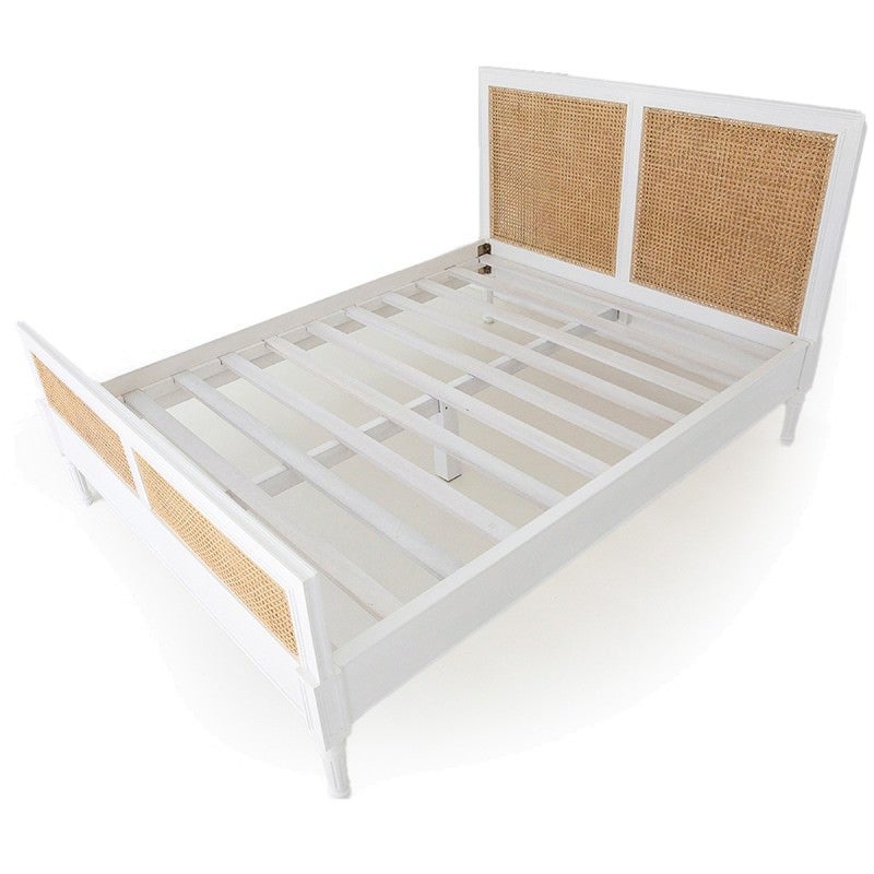 Saman Timber & Rattan Bed, Double, White