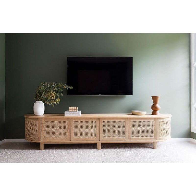 Sandestin American Oak Timber & Rattan 6 Door Curved TV Unit, 300cm ...