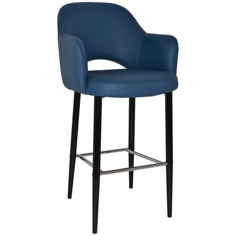 Albury Commercial Grade Vinyl Bar Stool with Arm, Metal Leg, Blue / Black
