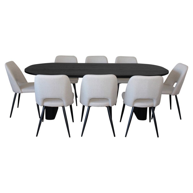Felna 9 Piece Wooden Dining Table Set, 220cm, Black with Ivory Fabric ...