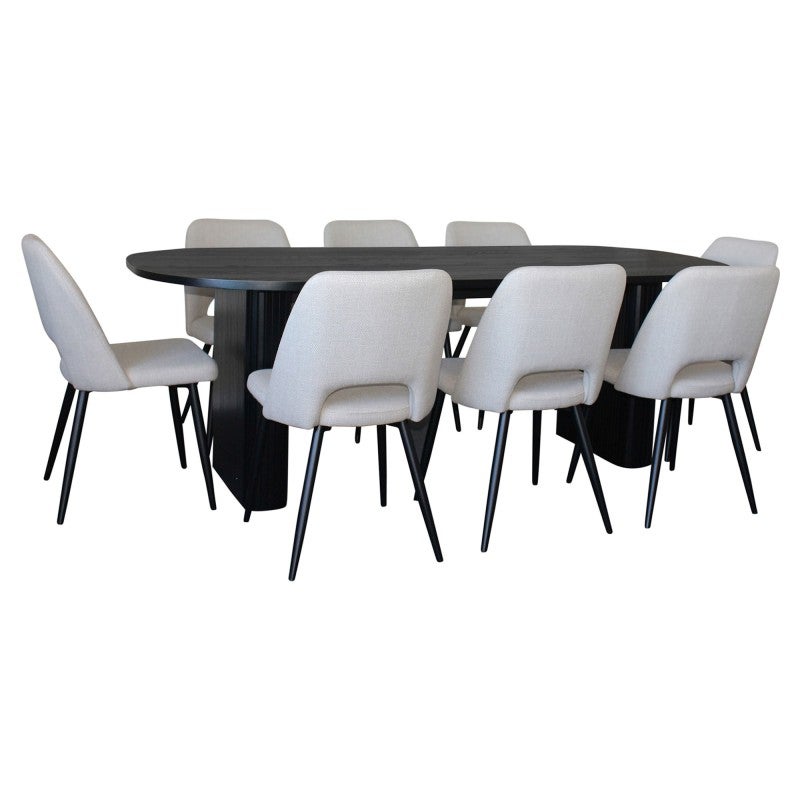 Felna 9 Piece Wooden Dining Table Set, 220cm, Black with Ivory Fabric ...