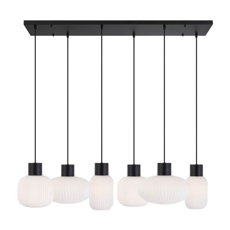 Nori Metal & Glass Bar Pendant Light, 6 Light, Black / Opal