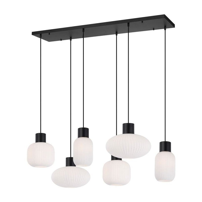 Nori Metal & Glass Bar Pendant Light, 6 Light, Black / Opal