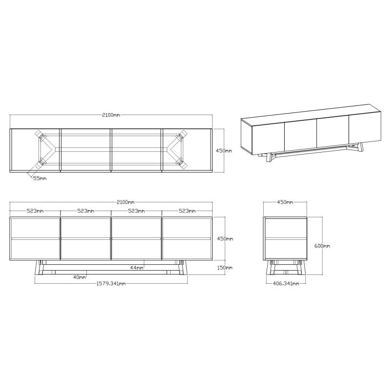 Heronvale Wooden 4 Drawer TV Unit, 210cm, Oak