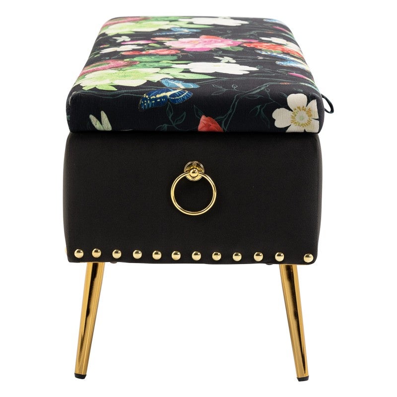 Levant Fabric Storage Ottoman Bench, Black Retro Floral