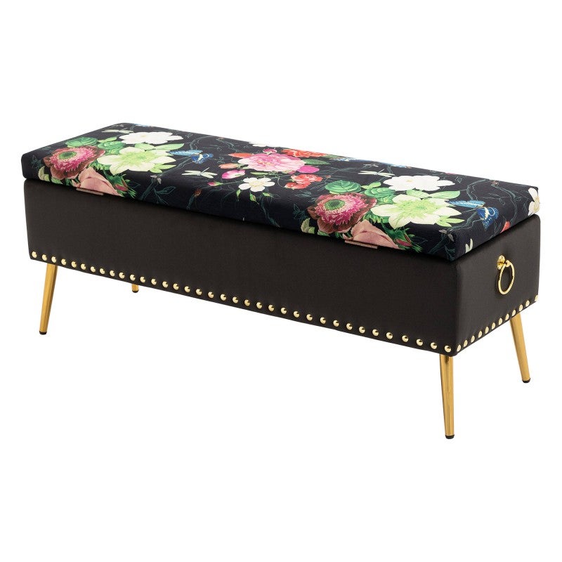 Levant Fabric Storage Ottoman Bench, Black Retro Floral
