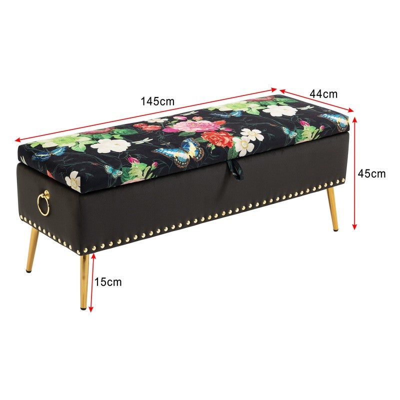 Levant Fabric Storage Ottoman Bench, Black Retro Floral