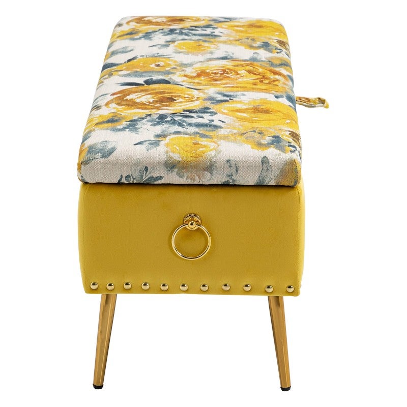 Levant Fabric Storage Ottoman Bench, Yellow Roses