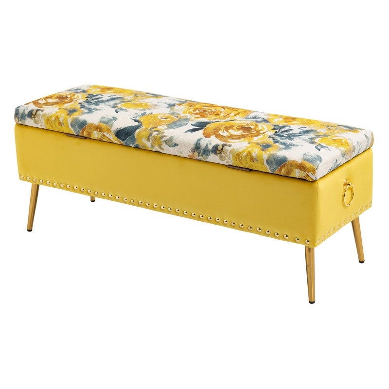 Levant Fabric Storage Ottoman Bench, Yellow Roses