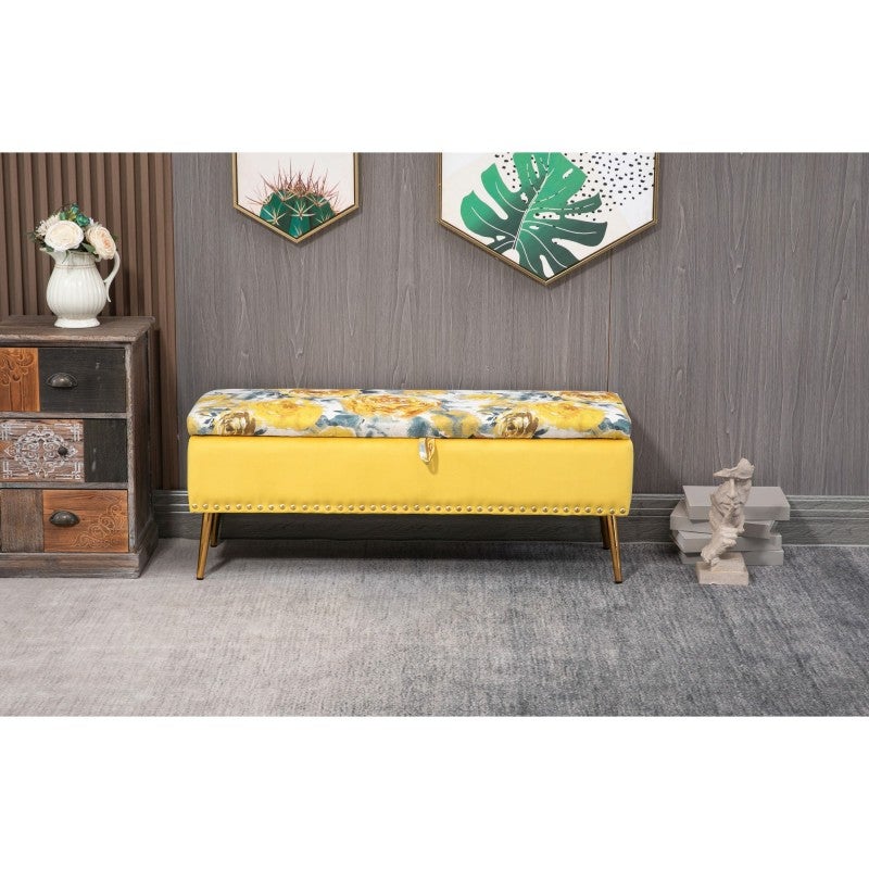 Levant Fabric Storage Ottoman Bench, Yellow Roses