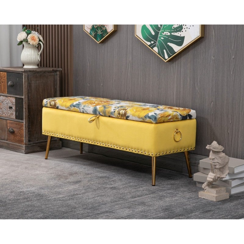 Levant Fabric Storage Ottoman Bench, Yellow Roses