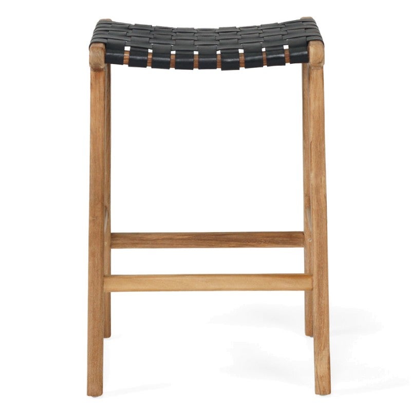 Bredbo Leather Straps & Teak Timber Saddle Counter Stool, Black / Natural