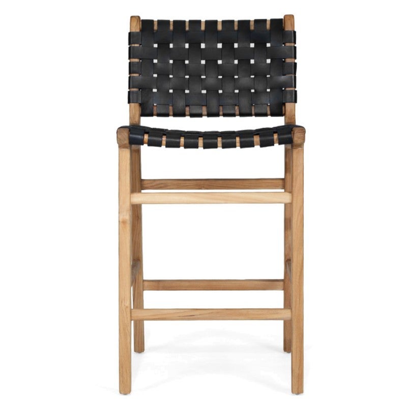 Bredbo Leather Straps & Teak Timber Counter Stool, Black / Natural