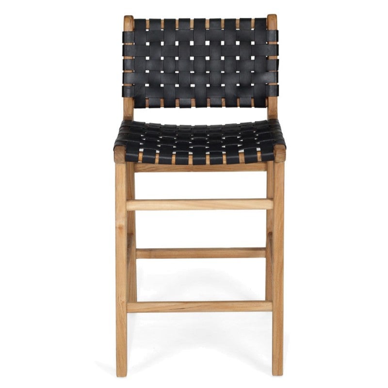 Bredbo Leather Straps & Teak Timber Counter Stool, Black / Natural