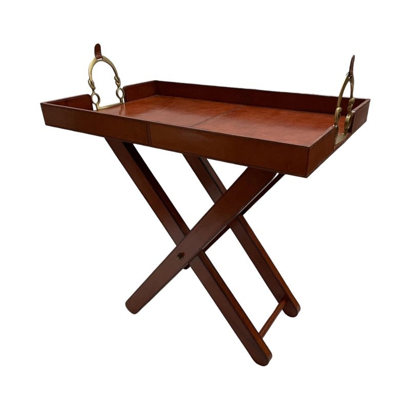 Bridlea Leather & Timber Foldable Butlers Tray Table, Tan