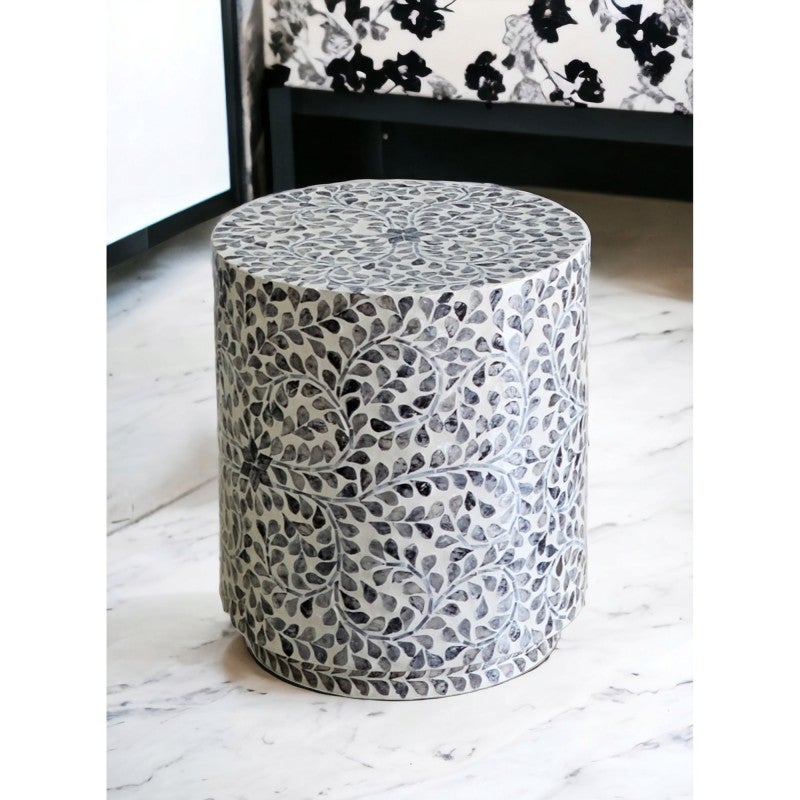 Swirling Leaf Mother Of Pearl Inlaid Round Accent Stool / Side Table