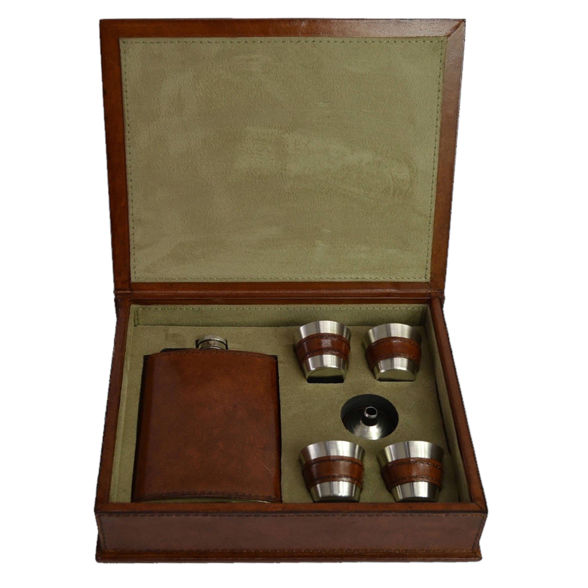 Plano 6 Piece Leather & Stainless Steel Hip Flask Giftbox Set, Tan