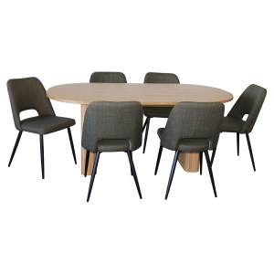 Felna 7 Piece Wooden Dining Table Set, 180cm, Natural with Olive Fabric ...