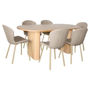 Felna 7 Piece Wooden Dining Table Set, 180cm, Natural with Ivory Fabric ...