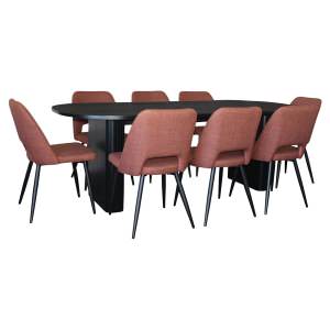 Felna 9 Piece Wooden Dining Table Set, 220cm, Black with Russet Fabric ...