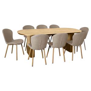 Felna 9 Piece Wooden Dining Table Set, 220cm, Natural with Ivory Fabric ...