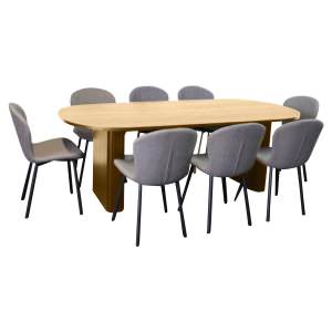 Felna 9 Piece Wooden Dining Table Set, 220cm, Natural with Grey Fabric ...