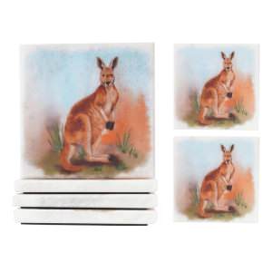 Quokara 4 Piece Australian Wild Life Print Marble Coaster Set, Kangaroo