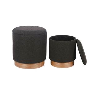 Loria 2 Piece Boucle Fabric Round Storage Ottoman Stool Set, Dark Grey