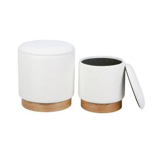 Loria 2 Piece Boucle Fabric Round Storage Ottoman Stool Set, White