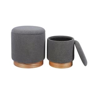 Loria 2 Piece Sherpa Fabric Round Storage Ottoman Stool Set, Grey