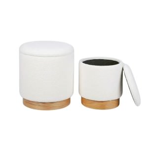 Loria 2 Piece Sherpa Fabric Round Storage Ottoman Stool Set, White